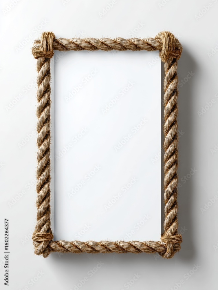 A rectangular frame crafted from thick, natural-toned rope, knotted at ...