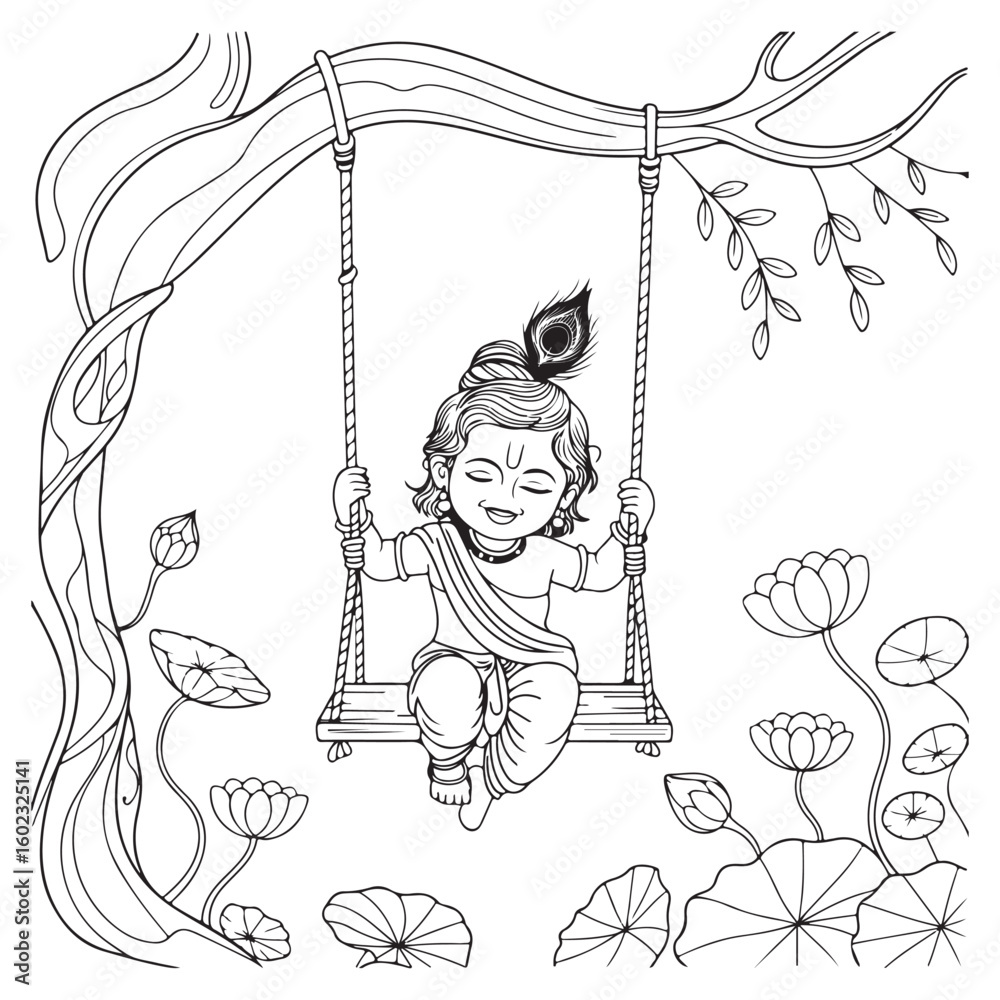 Illustration of krishna on a swing under a tree with lotuses Stock ...