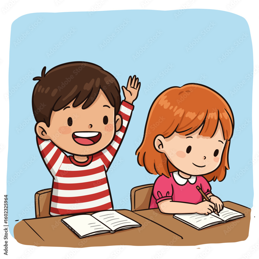 Cartoon of two students at desks one with hand raised the other writing ...