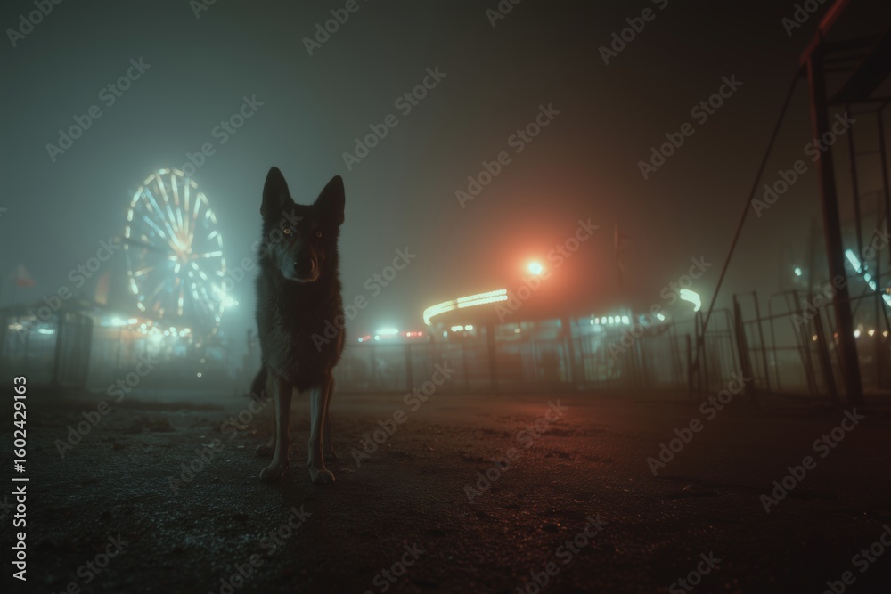 A mysterious dog with glowing eyes stands still in a haunted amusement ...