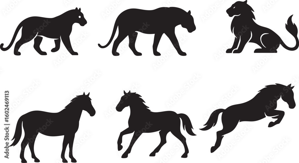 Big Cat & Horse Silhouette Clipart Pack – Walking, Sitting, Jumping ...