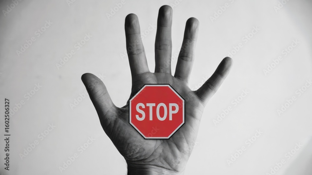 Open hand displaying a bold red stop sign, a clear visual cue for ...