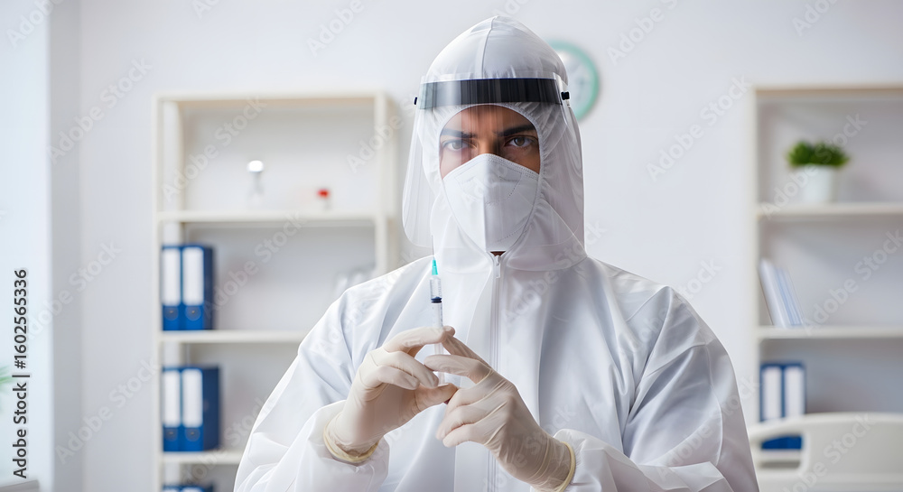 A male healthcare professional, wearing full Personal Protective ...