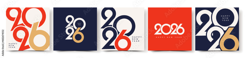 New Year 2026 logo design template set with numbers in blue, red white ...