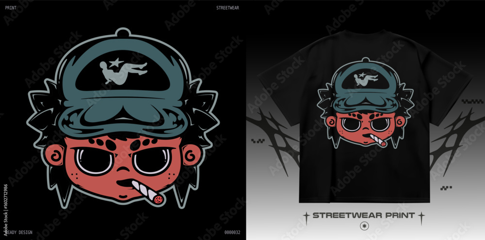 Y2K cartoon mascot print. Teenager character with green cap, long hair ...