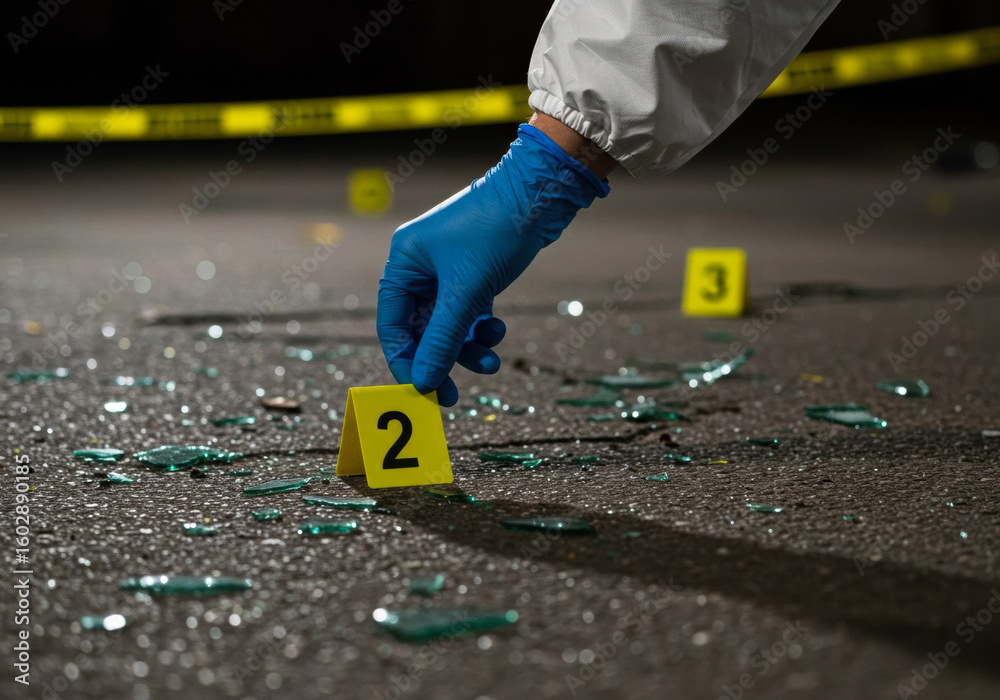 Investigation at a crime scene featuring evidence markers and broken ...