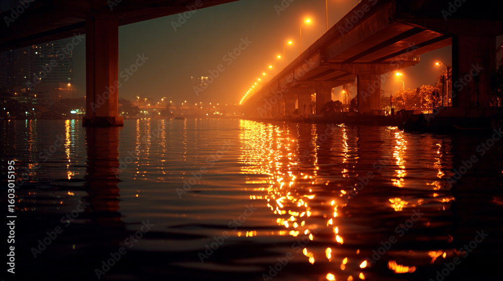 River city view under bridge withBangkok late night eerie horror movie ...