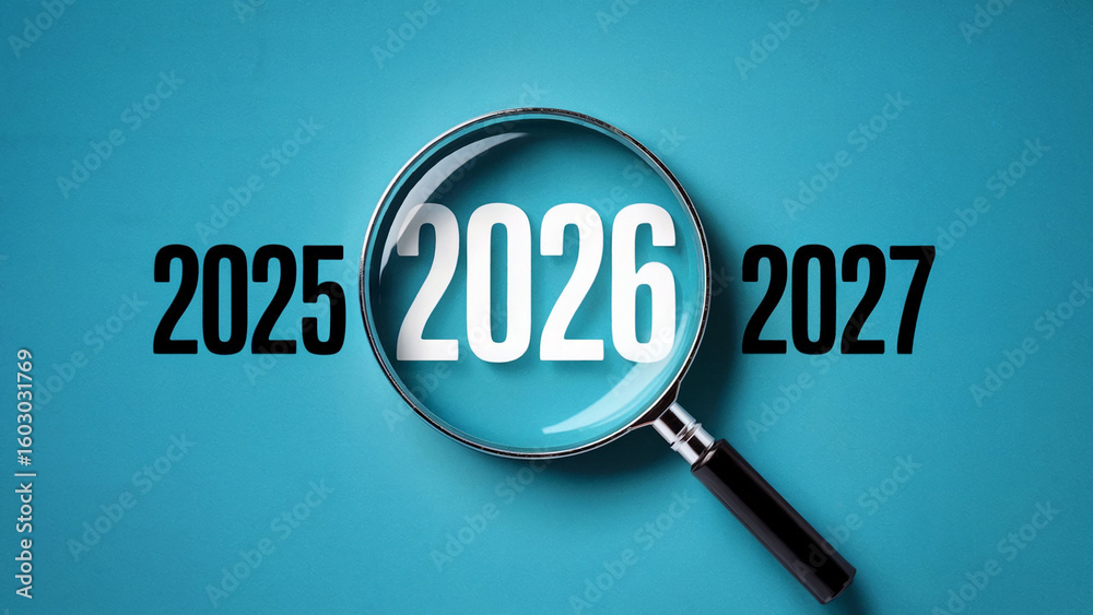 Magnifying glass focuses on the year 2026 with 2025 and 2027 flanking ...