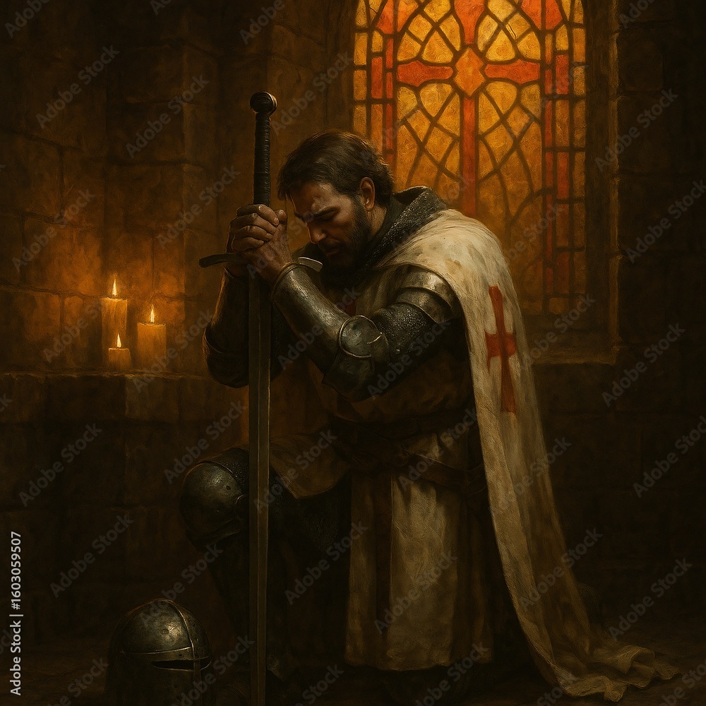 Templar Knight in Prayer Before Battle – Dramatic Medieval Scene in ...
