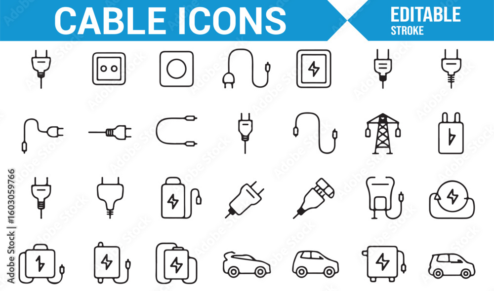 Electrical Technology Icons Collection for Cables, Power Outlets, and ...