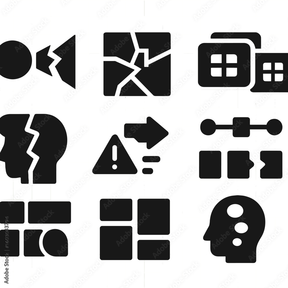 Fragmented Attention Icons. Solid style icons of focus fragmentation ...