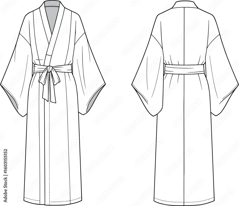 Kimono bathrobe technical flat sketch, women’s robe vector template ...