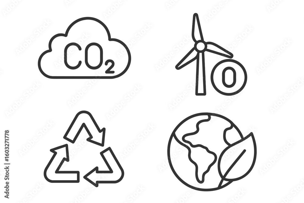 Linear Style Set of 4 Eco Icons – CO2 Emissions, Carbon Neutral ...