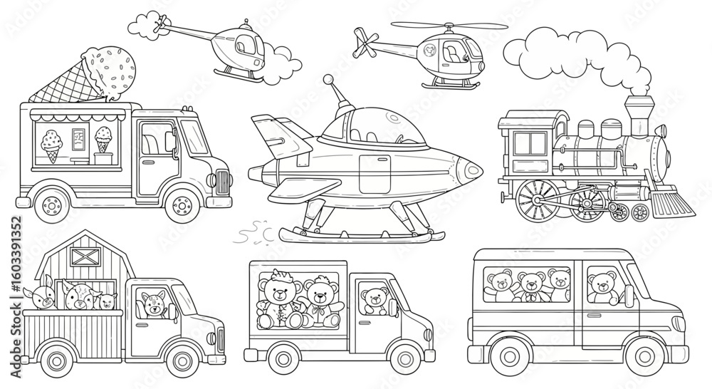 Drawing to paint coloring page of transportation vehicles including ...