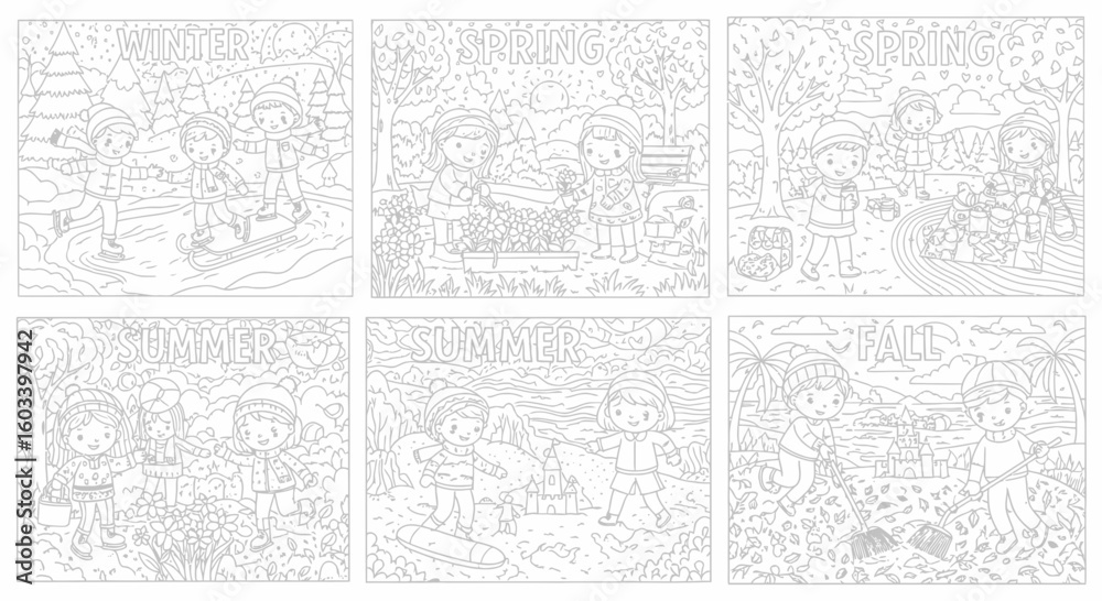 Drawing to paint four seasons coloring page for kids winter spring ...