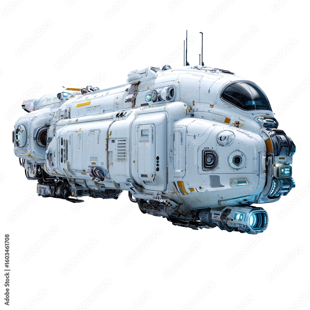 Futuristic, white spaceship with rounded hull and technological details ...