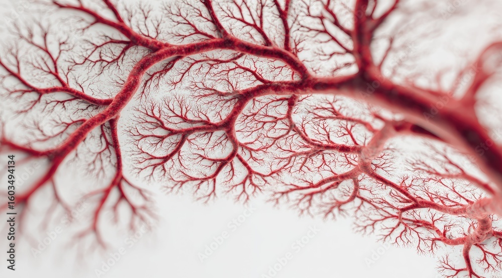 Intricate red network resembling branching veins or capillaries against a bright, blurred ...