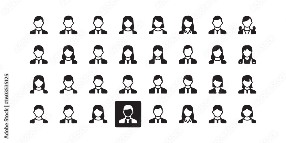 A grid of black and white people icons with one selected in a black ...