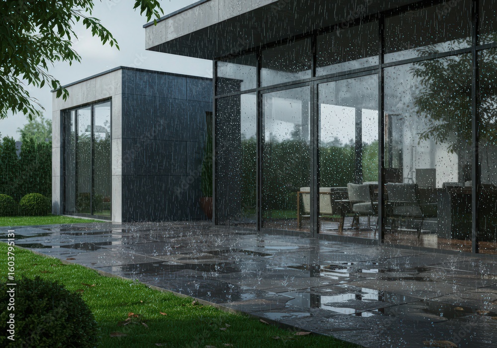 Rainy day at a modern house with large windows reflecting the interior ...