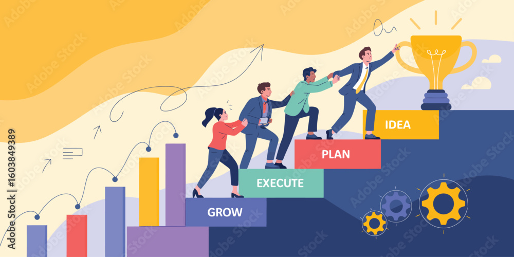 team climbing steps labeled idea, plan, execute, grow toward trophy ...