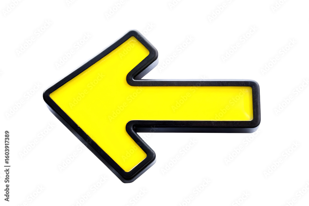 Bright yellow arrow pointing left isolated on a transparent background ...