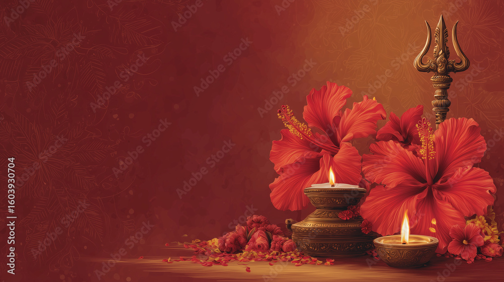 Bengali Kali Puja banner, symbolic trishul, hibiscus flower, diya and ...
