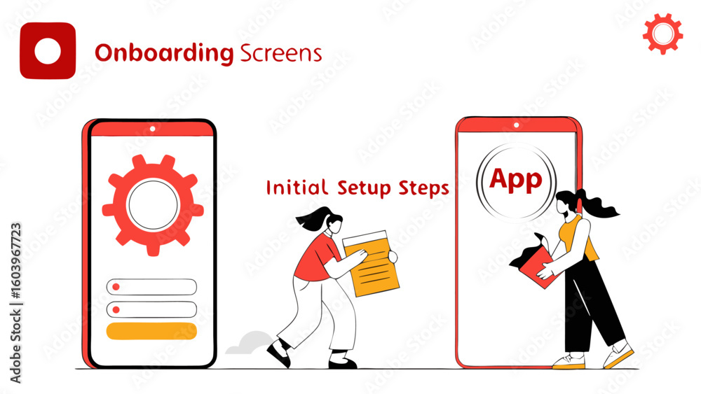 Illustration showing onboarding screens with initial setup steps and app configuration process ...