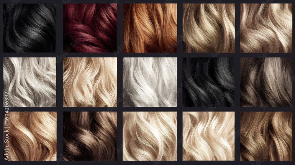 ภาพถ่าย Stock Hair color palette chart, different natural hair texture ...