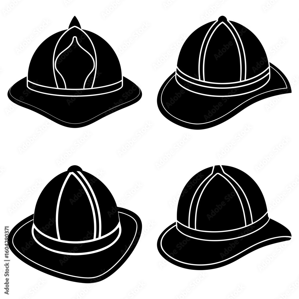 Four fireman hats in black and white showing different styles and ...