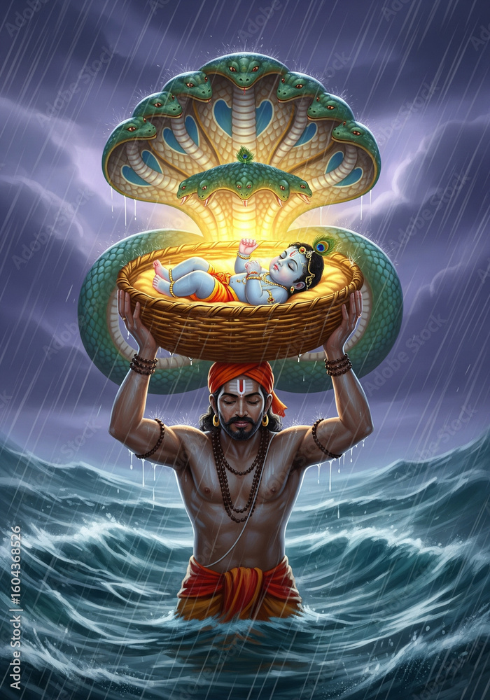 Devotional Painting of Vasudev Crossing Floods with Baby Krishna Stock ...