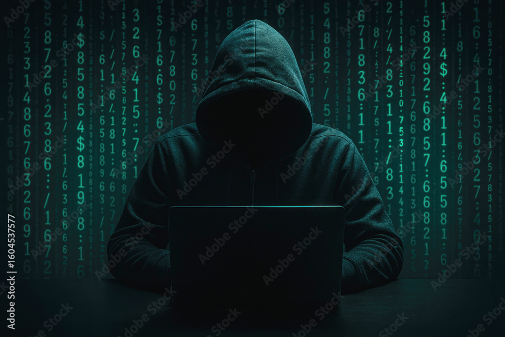 Hooded figure with laptop against digital matrix hacker computer Stock ...