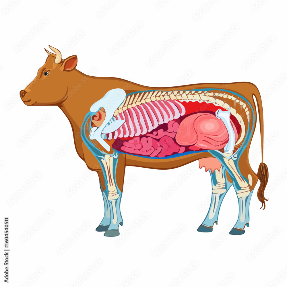 Vector diagram of a cow's full internal organs and skeletal structure ...