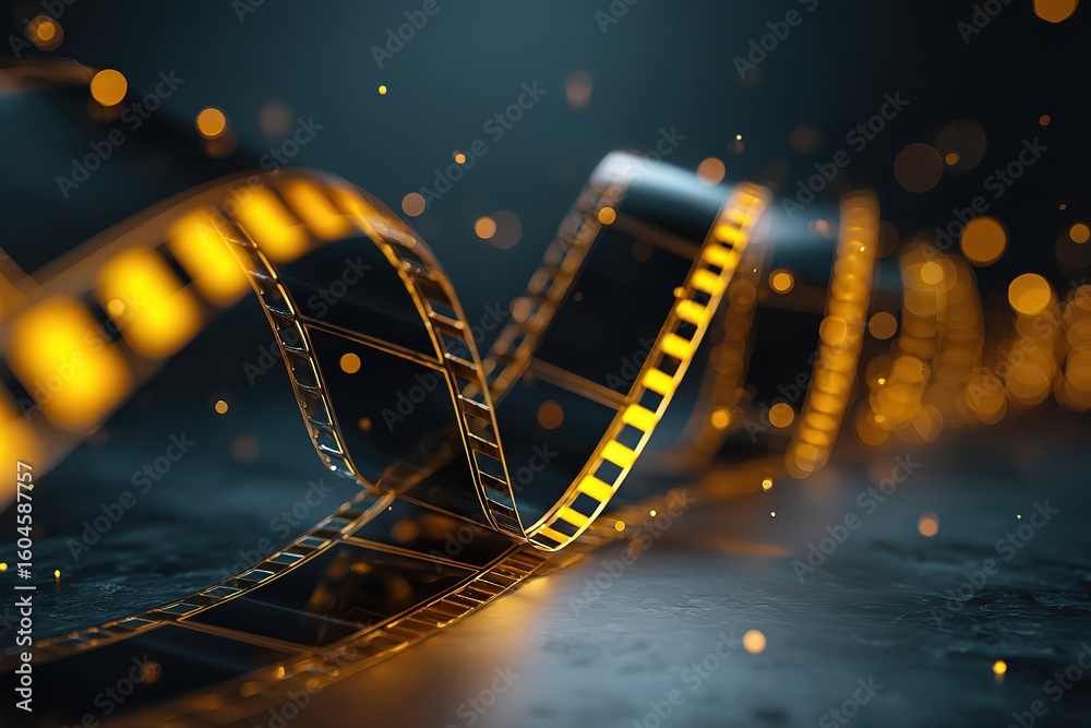 A bold illustration of a stylized black movie reel with curling yellow ...