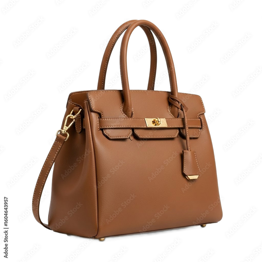 Elegant Caramel Brown Leather Handbag with Gold Accents and Shoulder ...