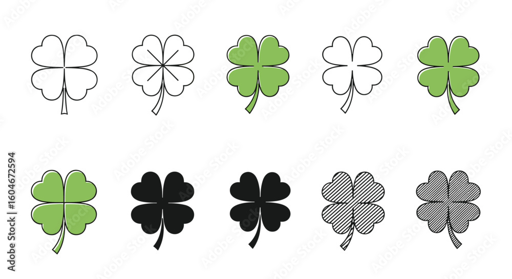 Collection of five leaf clover icons in various styles and colors for ...
