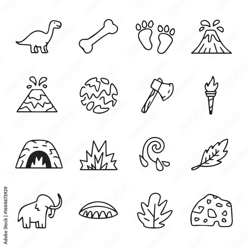 Dinosaur, mammoth, volcano, and cave icons for prehistoric themes Stock ...