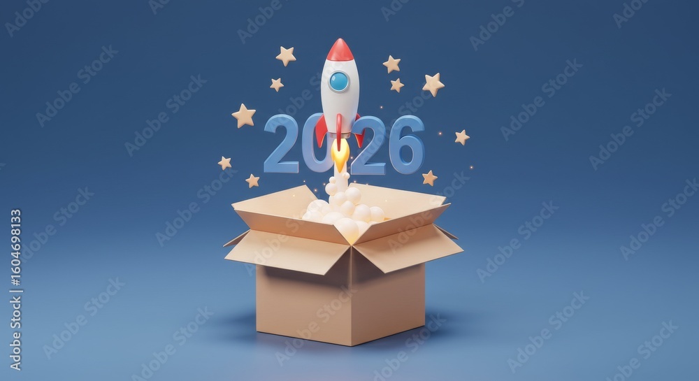 New Year 2026 Rocket Launch - A 3D of a rocket launching from a box ...