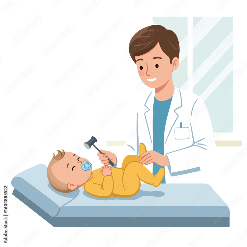 A doctor in a white coat checks the reflexes of a baby lying on an ...