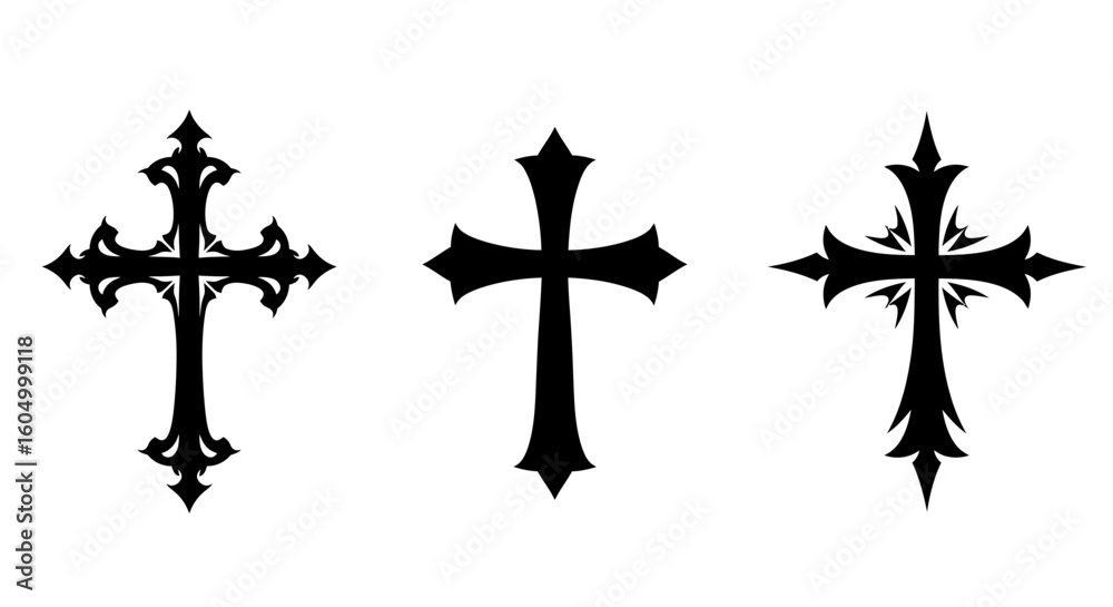 Three stylized crosses in black on a white background simple design ...
