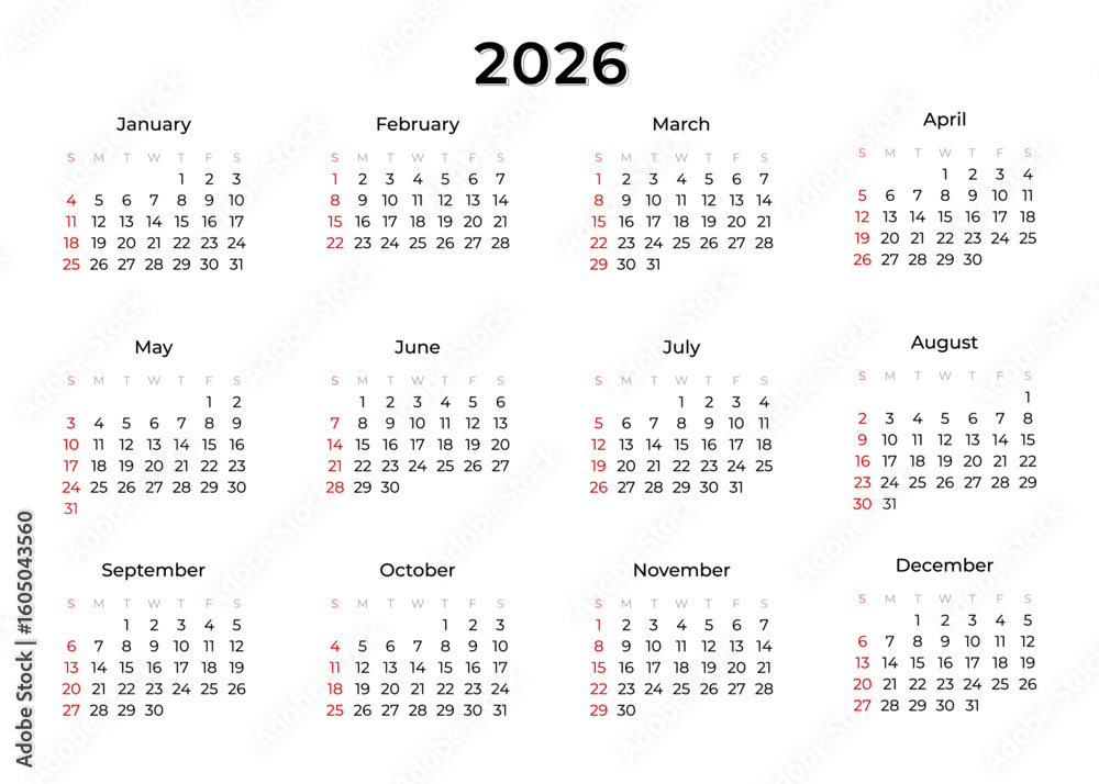 Horizontal annual calendar template for 2026 year isolated on a ...