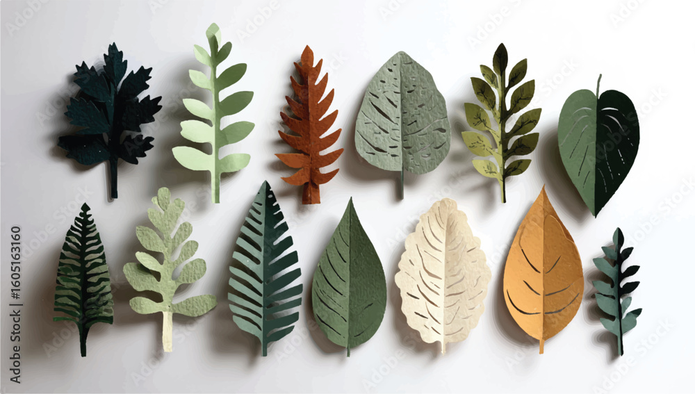 Arrangement of Stylish Paper Cut Leaves in Various Shapes and Colors ...