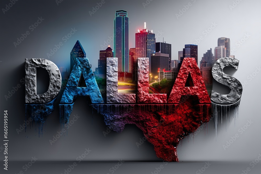 A creative depiction of Dallas with a city skyline, fragment of Texas ...