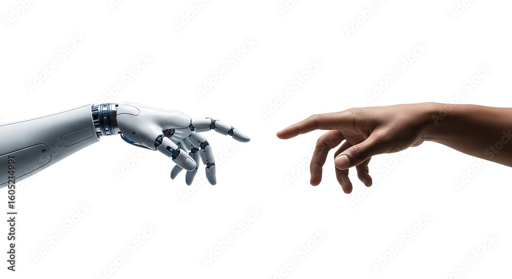 Robot and human hands about to touch, a modern Creation of Adam concept ...