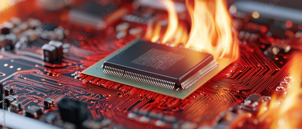 Ilustrace Extreme close-up of a high-performance computer chip glowing ...