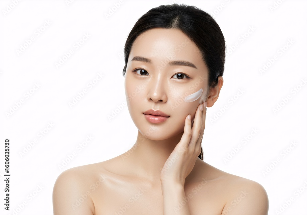 Asian woman with clear smooth skin, a cream swatch on her cheek ...