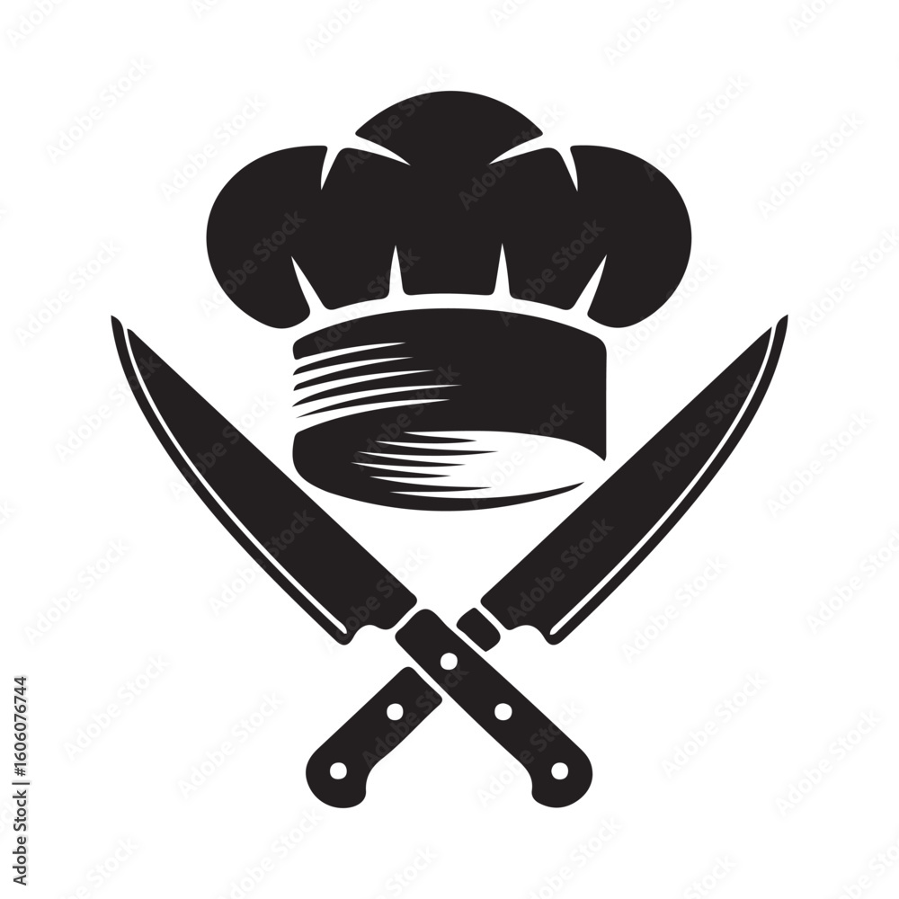Chef hat and crossed knives silhouette vector isolated on white ...