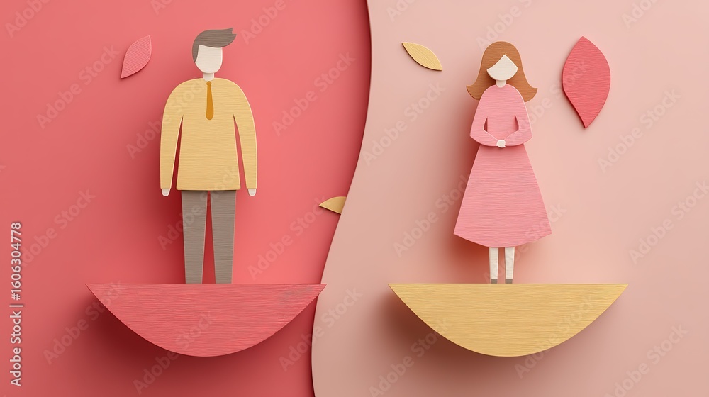 Paper cutout style illustration of gender equality, equal pay, men and ...