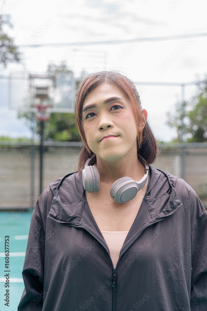 Transgender non binary woman posing confidently on outdoor basketball ...