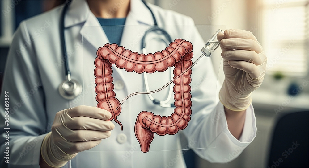 Doctor holding a colon illustration with a syringe attached for medical ...