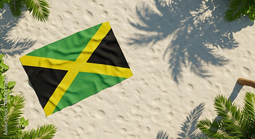 Jamaican flag on the beach under a tropical tree, The symbol of Jamaica ...